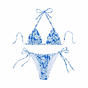 MakeMeChic Women's Halter Tie Side Triangle Bikini Set high Cut 2 Piece Bikini Swimsuit Bathing Suit A-Blue S