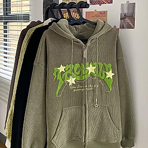 Sumleno Y2K Zip Up Hoodie Letter Print Star Graphic Grunge Hooded Corduroy Sweatshirt Jacket Oversized Retro Y2k Clothing (Green,M)