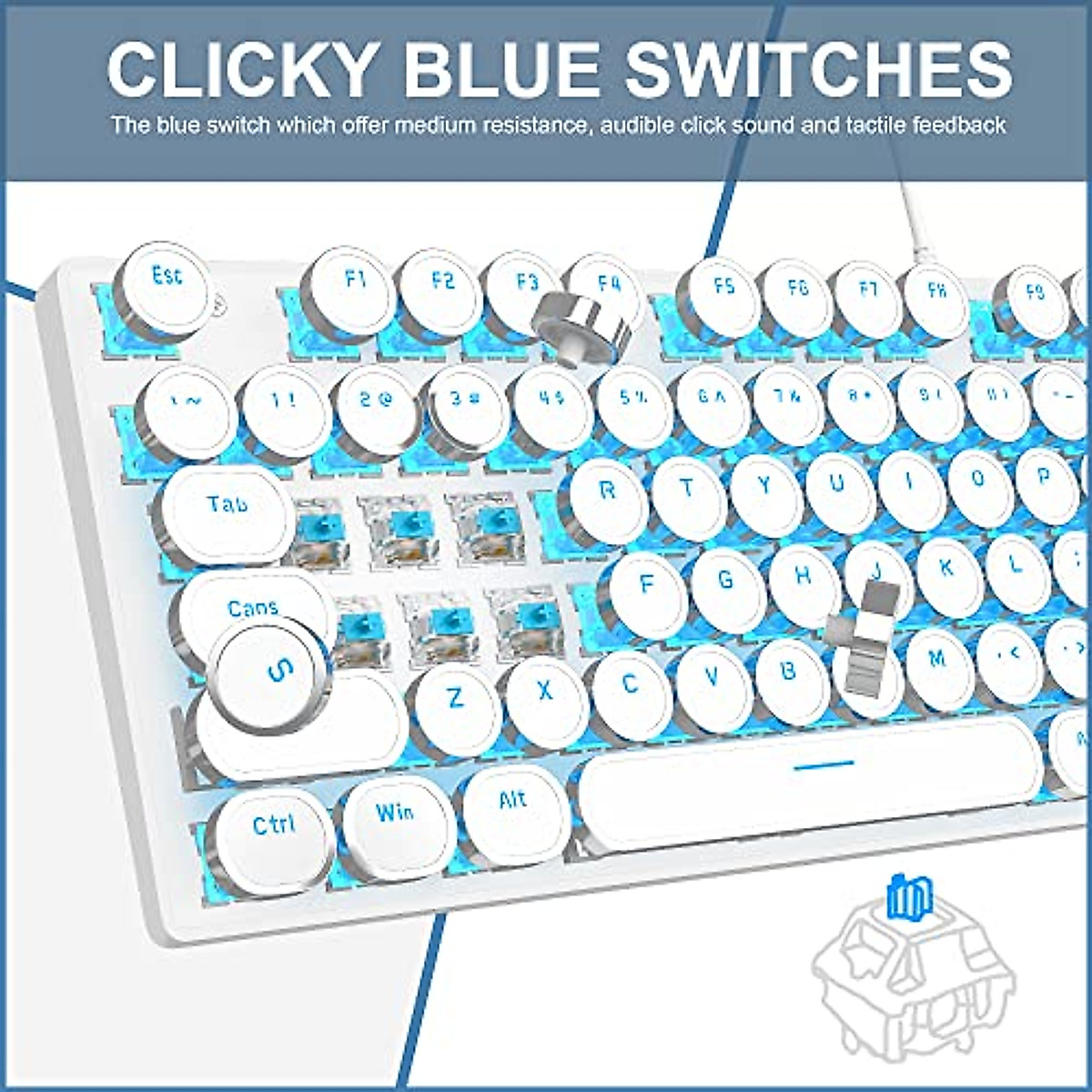 Camiysn Typewriter Style Mechanical Gaming Keyboard, White Retro Punk Gaming Keyboard with Blue Backlit, 104 Keys Blue Switch Wired Cute Keyboard, Round Keycaps for Windows/Mac/PC