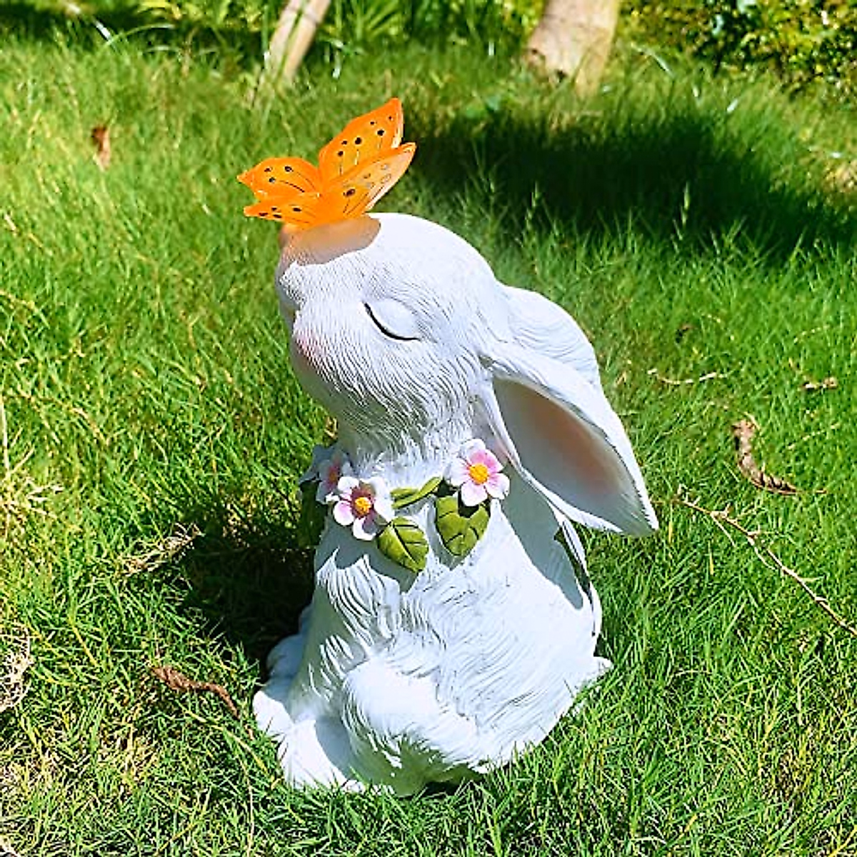 iRonrain Solar Garden Statues Rabbits with Butterfly Halloween Decoration Lights Sculpture, Solar Powered Outdoor Art Décor Bunny Figurine Ornament Resin Lights for Patio Lawn Front Yard (White)