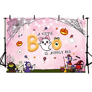 Sendy 7x5ft Halloween Baby Shower Backdrop for Girl A Little Boo is Almost Due Photography Background Ghost Spider Web Pumpkin Lamp Party Decorstions Cake Table Banner Photo Booth Supplies