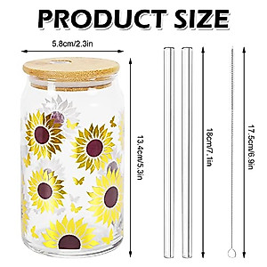 Whaline Glitter Sunflower Beer Can Glasses with Bamboo Lids and Straw Summer Sunflower Drinking Glasses Iced Coffee Cup for Holiday Travel Cocktails Whiskey Beer Soda Gifts, 2Pcs