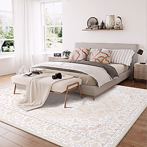 CAPALOCA Area Rug 8x10 Boho Area Rugs Print Machine Washable Rug Vintage Distressed Stain Resistant Soft Carpet Rugs Non Slip Low Pile Water Repellent for Living Room Bedroom Cream/Beige