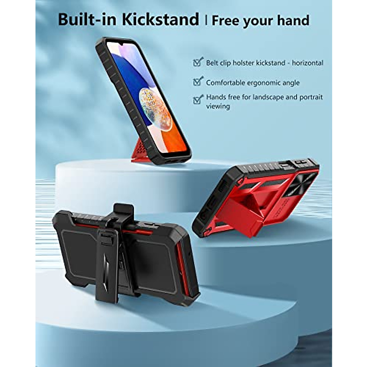 FNTCASE Case for Samsung Galaxy A14-5G: Military Grade Drop Protection Rugged Protective A14 Cell Phone Cover with Belt-Clip Holster Kickstand & Slide | Shockproof Heavy Duty Matte Tough Shell - Red