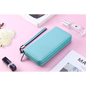 Lavemi Women's RFID Blocking 100% Leather Large Capacity Zip Around Wallet Phone Holder Clutch Travel Purse Wristlet(Large Size Pebbled Tiffany Blue)