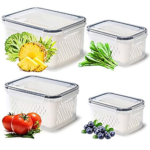 Pack of 4 Fruit Fresh Produce Protector, Grape Container for Fridge, Fruit Saver Lettuce Container with Drain Colanders, Partitioned Salad Container, Refrigerator Organizer for Lettuce Berry Food (4)