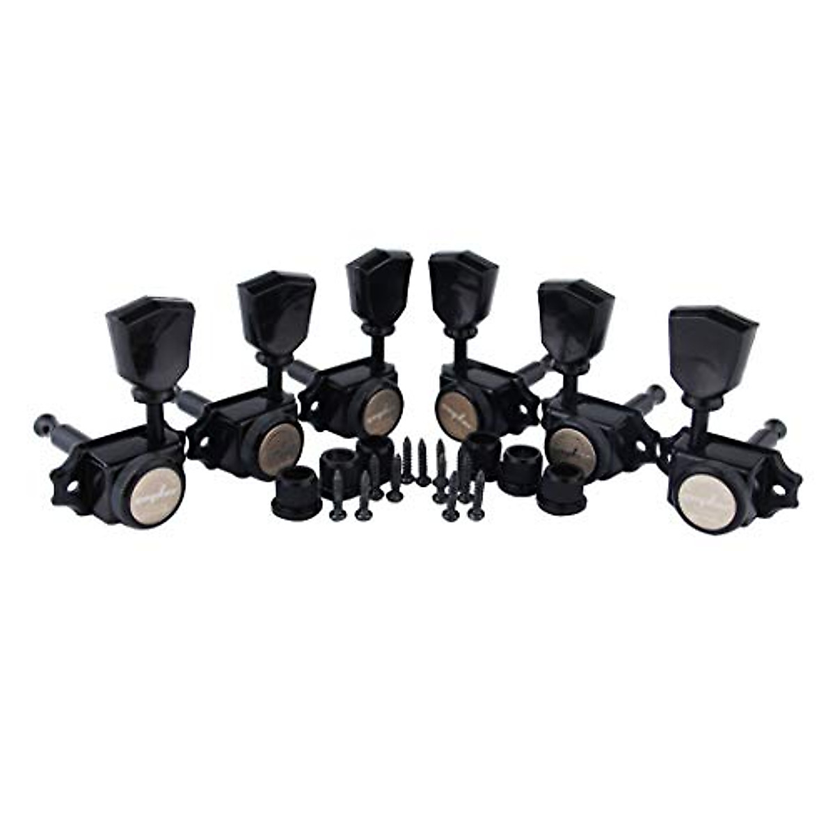 Guyker Locking Guitar Machine Heads (3R + 3L) – 1:15 Ratio Lock String Vintage Deluxe Tuning Key Pegs Tuners Set Replacement for Electric, Acoustic or Folk Guitars - Black Handle