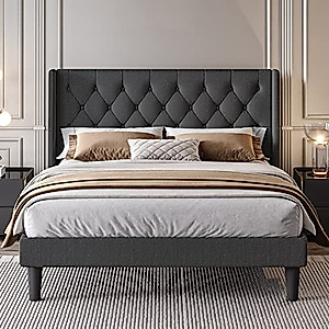SHA CERLIN Queen Size Platform Bed Frame with Upholstered Headboard and Wingback, Button Tufted Design, Easy Assembly, Dark Grey