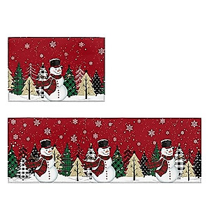 Miaklek Christmas Kitchen Rugs Set of 2 Anti Fatigue Mats for Kitchen Floor Cushioned Kitchen Rugs and Mats Non Slip Kitchen Runner Comfort Standing Mat, Cute Snowman Xmas Tree Winter Snowflake Red