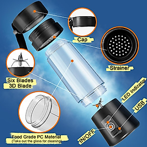 Portable Blender, Personal Size Blender for Shakes and Smoothies with 6 Ultra Sharp Blades, BPA Free,Cordless, Mini Blender Cup with Travel Lid and USB Rechargeable for Office, Gym, Kitchen