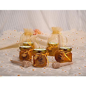 DnayDkiy 60-Count Mini Hexagonal Glass Honey Jars with Dippers - Perfect Party Favors for Baby Showers - Includes Gold Bee Charms, Thank You Cards, Stickers, Gift Bags, and Silk Ribbon