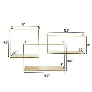 kimisty Set 3 Metal Intersecting Wall Shelves, Decorative Floating Shelves, Shadow Box Style Deep Black Metal Shelving, 14, 12 and 11 Inch (Set 3 Gold)