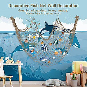 80x40 Inch Decorative Fishing Net w/Shells & Clips, 3mm Thickness Brown Natural Cotton Large Photo Hanging Fishnet, Wall Party Decorations for Nautical Pirate Hawaii Underwater Mermaid Themed Party