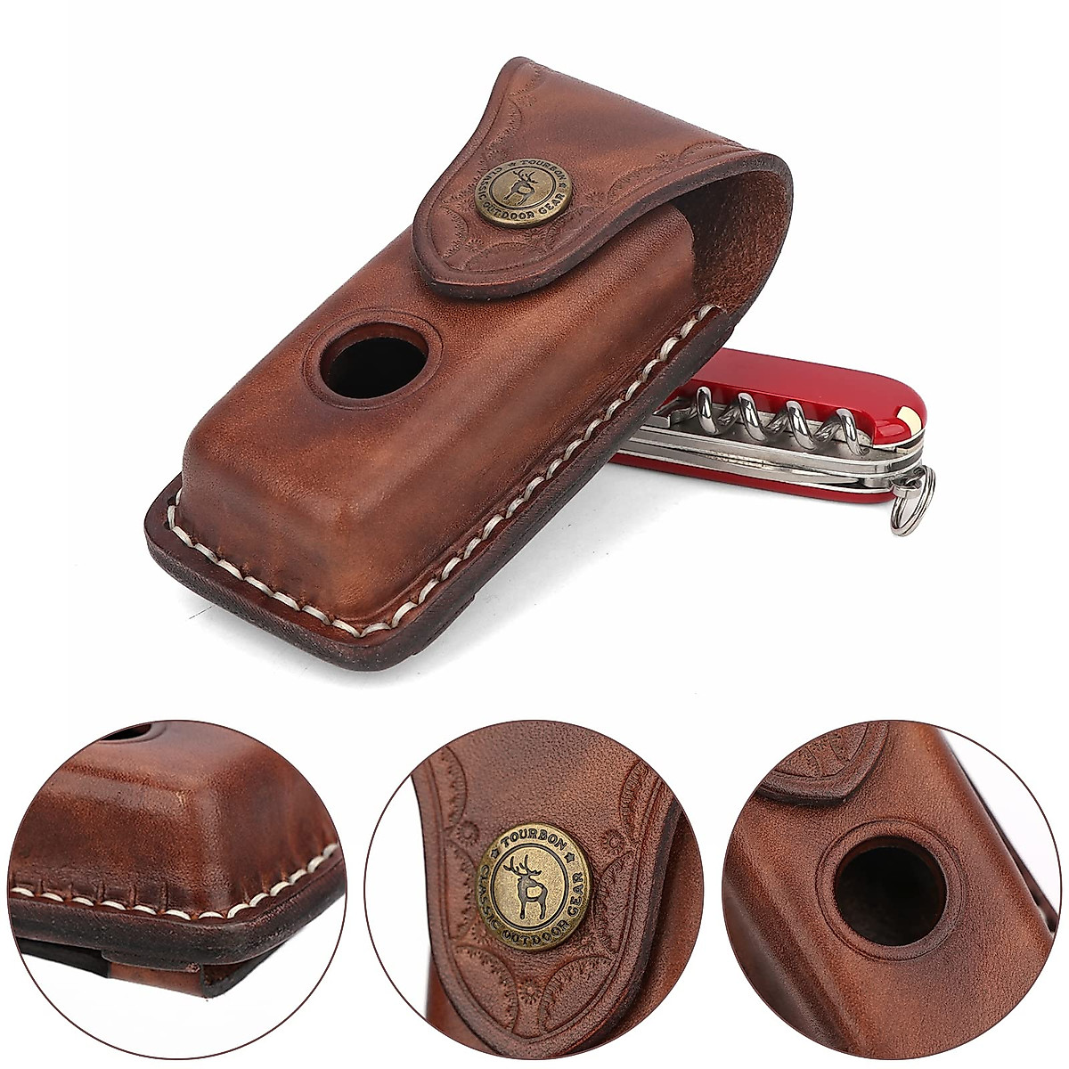 Tourbon EDC Leather Pocket Folding Knife Sheath 3.8 Inch Blade Carrier Holster Flashlight Holder Case for Belt