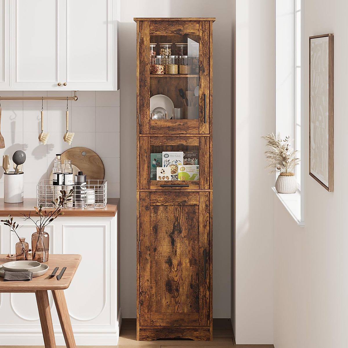 IDEALHOUSE Slim Bathroom Storage Cabinet, 67" Tall Cabinet with Doors and Shelves, Freestanding Narrow Bathroom Linen Cabinet for Laundry Room, Kitchen, Living Room, Small Spaces, Rustic Brown