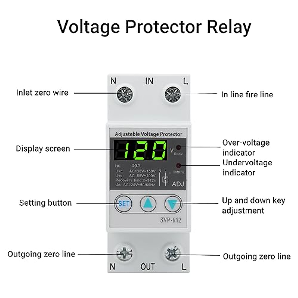 SVP912 120VAC Self Recovery Under Voltage Protector Adjustable Voltage Protective Device Automatic Reset Protection Switch (40A)