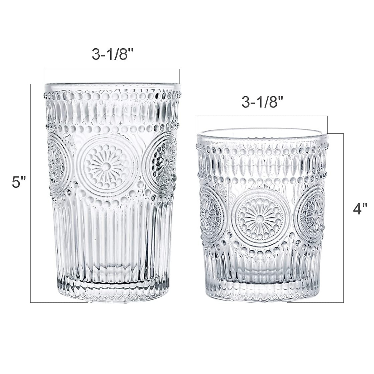 Kingrol Romantic Drinking Glasses, Set of 8-4 Highball Glasses (12 oz) and 4 Rocks Glasses (9 oz), Premium Glass Tumblers Glassware Set for Water, Beverages, Beer, Cocktails