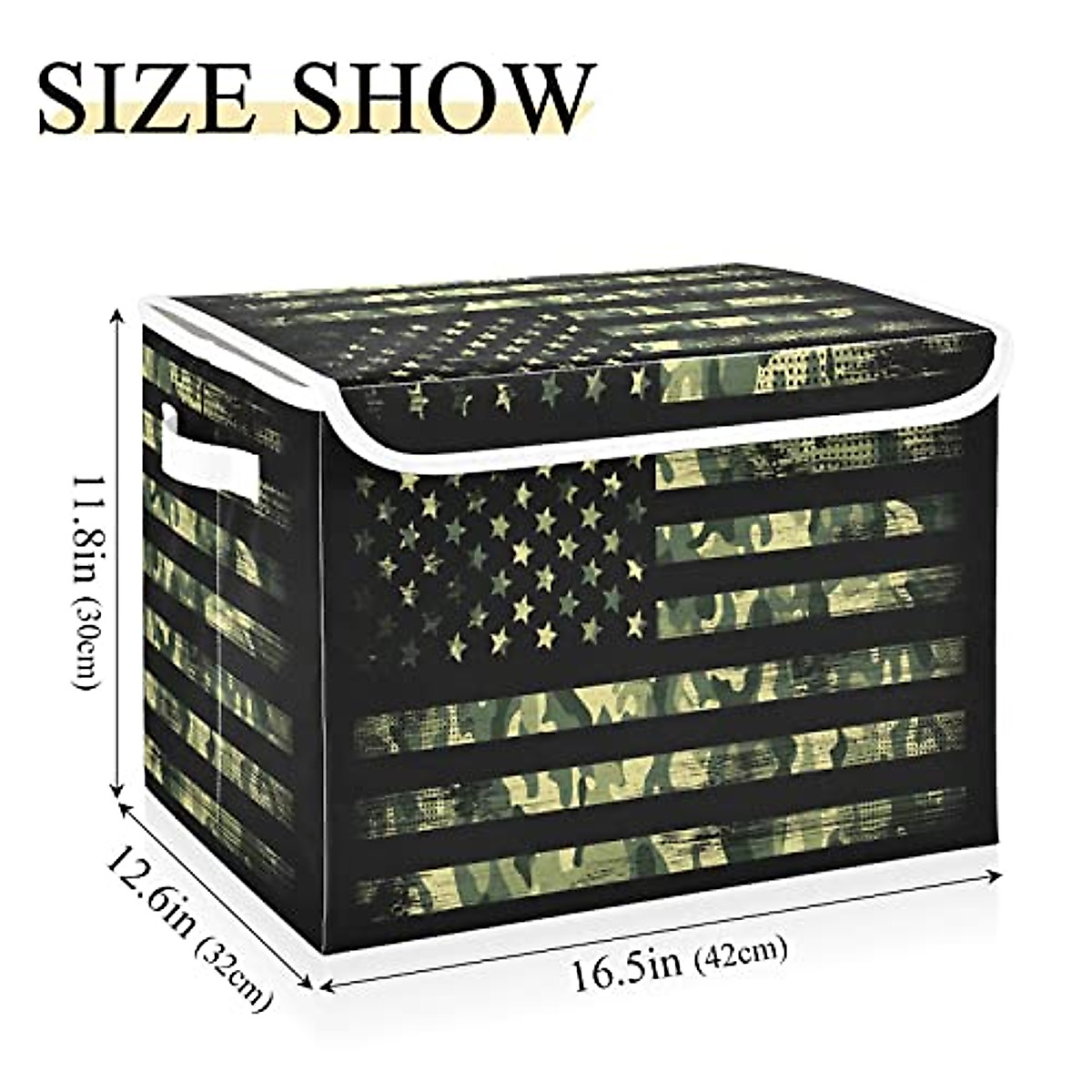 DOMIKING American Flag Green Camo Large Storage Bin with Lid Collapsible Shelf Baskets Box with Handles Organizing Container for Bedroom Living Room Kid's Room