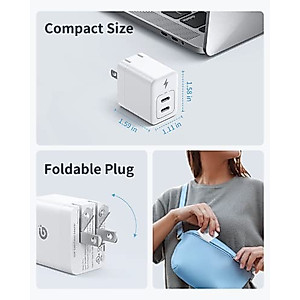 USB C Charger 35W Mini Dual Port USB Charger Block, GaN III Intelligent Distribution PD Fast USB C Wall Charger Adapter with Foldable Plug for MacBook Pro/Air, IPad,iPhone 14/14pro/13/13pro and More
