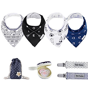 Dodo Babies Bandana Drool Bib Set – Four 100% Cotton Bibs with Soft Polyester Lining, 2 Pacifier Clips, Binky Case, Navy Dot Gift Bag for Baby Girl or Boy Shower – Adjustable Snap Fit for 3-24 Months