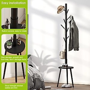 BMOSU Coat Rack freestanding Stand with Shelf Bamboo Wooden Coat Tree Easy Assembly 8 Hooks Standing Jackets Hanger Hallway Office Floor Coat Stand Black