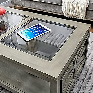 Solid Wood Coffee Table with Tempered Glass Top, Rectangular Living Room Table with 2-tire Storage Shelf, Industrial Centre Table, 45.5" X 26" Tabletop, Easy Assembly Antique Grey KFZ1318AN