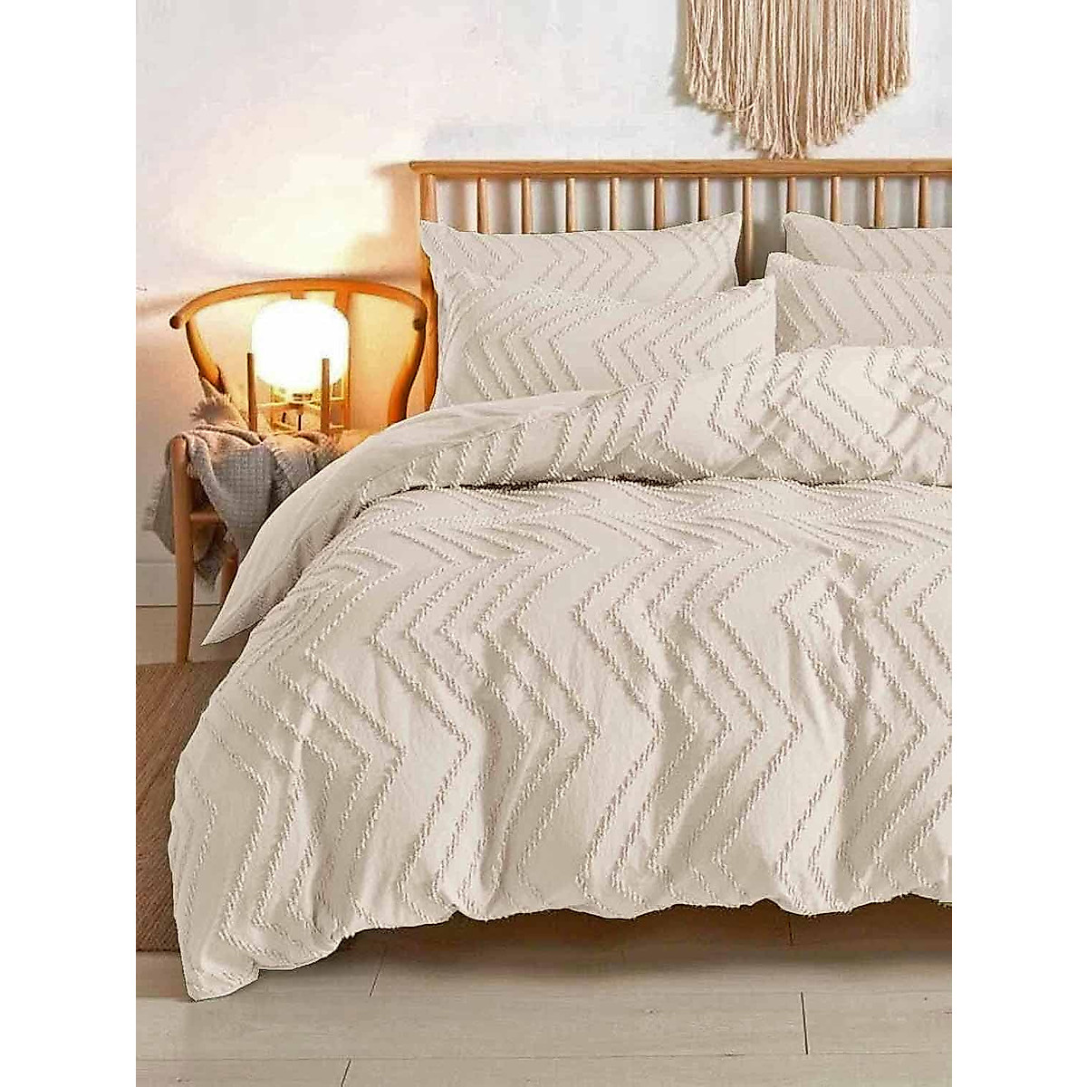 Nanko Beige Duvet Cover Twin Size, 2pc Boho Tufted Microfiber Bedding Comforter Cover Set, All Season Aesthetic Shabby Chic Soft Embroidery Textured Geometric Quilt Cover 68x90 inches