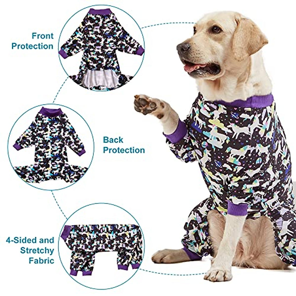 LovinPet Large Breed Dog Clothes, Wound Care/Post Surgery Recovery Shirt for Large Dogs, Unicorns in Space Black Print, UV Protection, Pet Anxiety Relief, Large Dog Onesie, Pet PJ's/Large