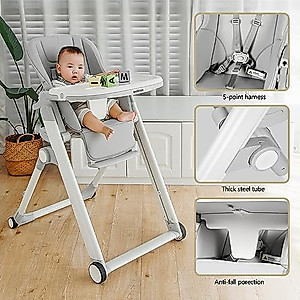 High Chair for Babies & Toddlers, Foldable Highchair with 8 Different Heights, 5 Reclining Seat Position and 3-Setting Footrest, Detachable Trays & Seat Cushion, 4 Wheels with Locks, Installation-Free