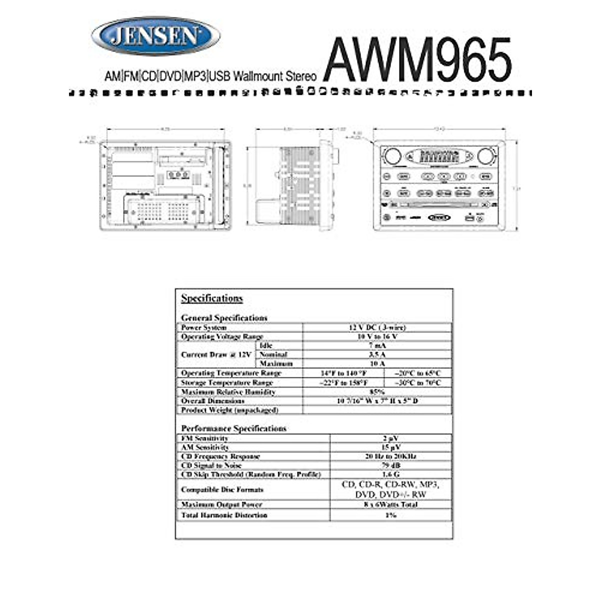Jensen AWM965 AM/FM|CD|DVD|MP3/USB Wallmount Stereo with DVD Player, Front USB Supports MP3, WMA, JPEG Formats, Remote Control Included, 12 Volt (Renewed)