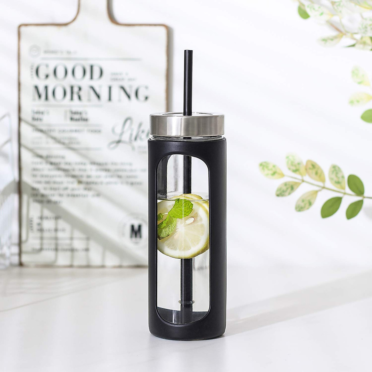 Kodrine 24 oz Glass Water Tumbler with Straw and Lid, Wide Mouth Water Bottle, Straw Silicone Protective Sleeve BPA FREE-Black