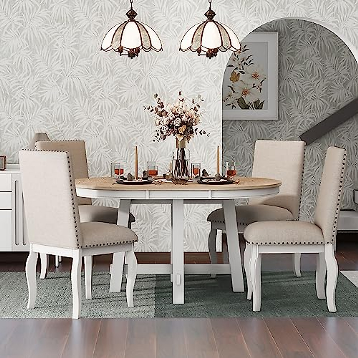 Merax 5 Piece Round Dining Table Set, Solid Wood Extendable Dining Table and 4 Upholstered Dining Chairs for Kitchen Dining Room (Oak Natural Wood + Antique White)