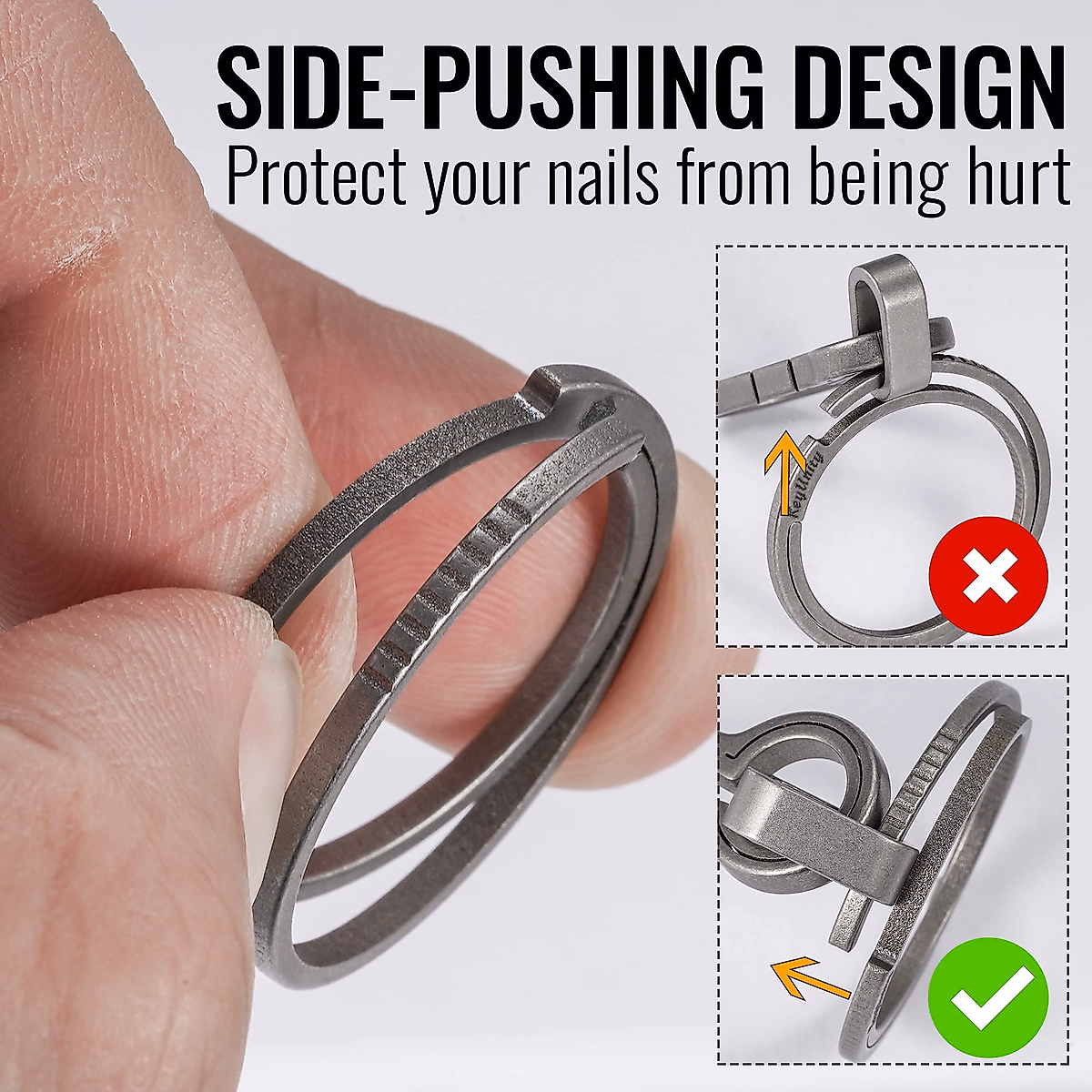 KeyUnity KA12 Titanium Flat Key Rings, 33/25/17.5mm Side Pushing Split Ring for Key Carabiner Flashlight Knife Dog ID Collar Tag (1L+2M+2S)