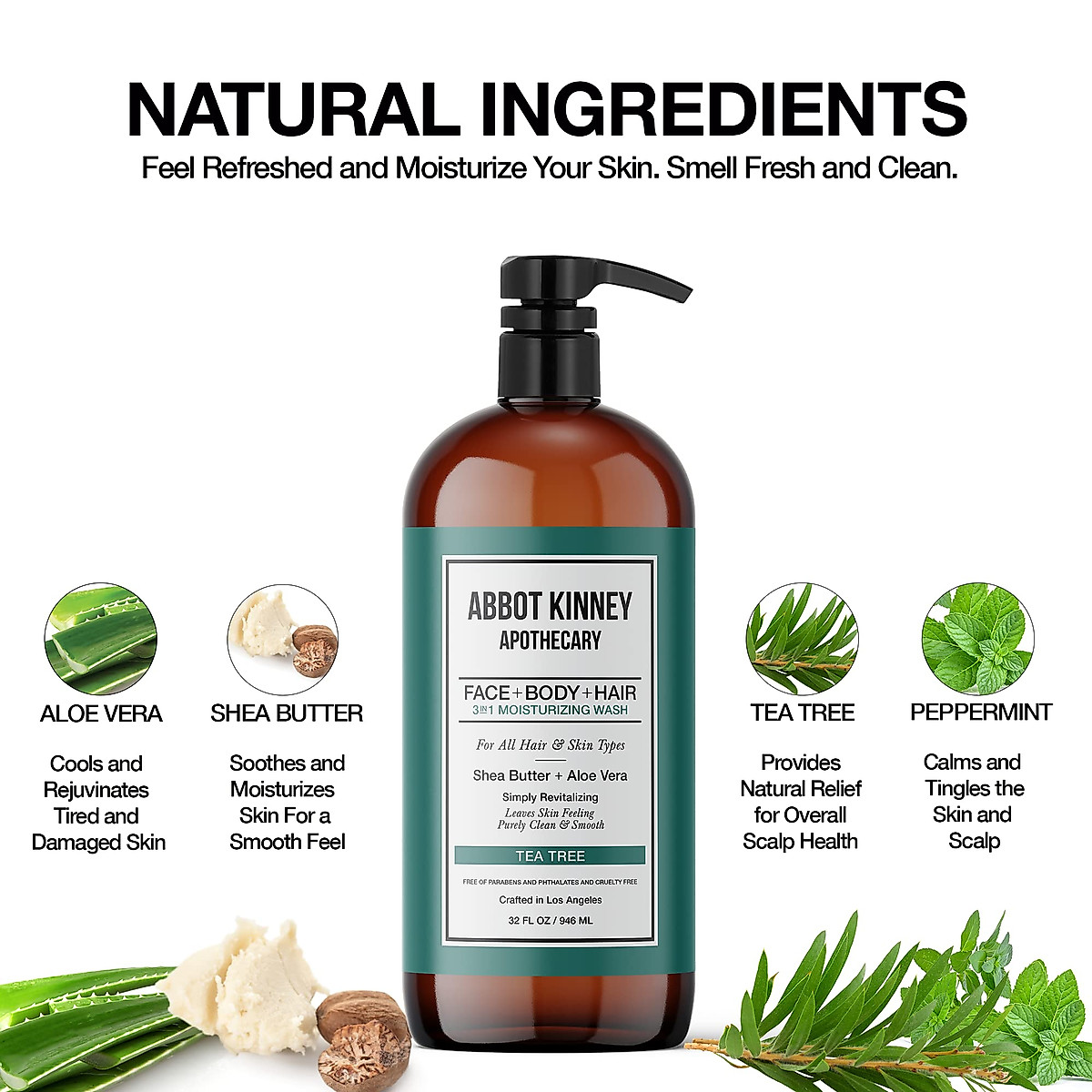Men's 3-in-1 Wash, Moisturizing Shampoo, Conditioner, and Body Wash for Men, Suitable for All Skin and Hair Types, 32oz - Abbot Kinney Apothecary (Tea Tree) – 2 Pack