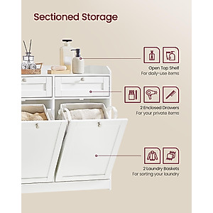 VASAGLE Bathroom Laundry Cabinet with Basket, with 2 Drawers and 2 Hidden Laundry Hampers, Freestanding, Tilt-Out Laundry Baskets with Handles, 15.8 x 31.1 x 31.5 Inches, Cloud White UBBC751W01