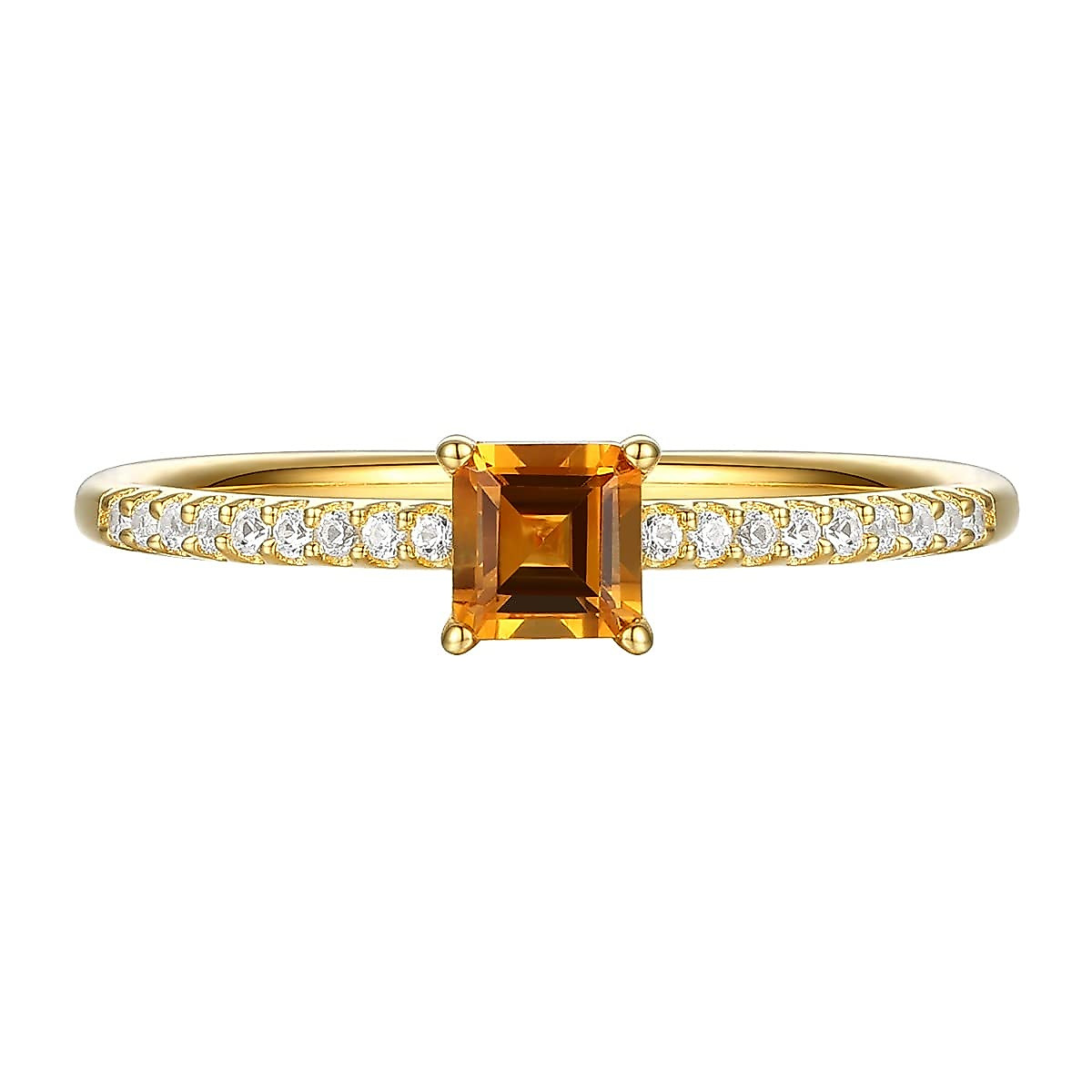 Tirafina Square Citrine and Diamond Accent Ring, 14K Yellow Gold Plated Sterling Silver Band, Solitaire Ring, Dainty Rings for Women, Thin Birthstone Rings - 0.07 CTTW (4mm stone)