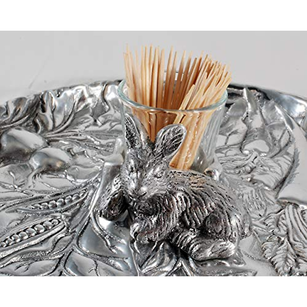 Arthur Court Aluminum Metal Rabbit Bunny Pattern Tidbit Cheese Hors d'oeuvres Tray with Glass for Toothpick - Durable Metal Silver Easter Entertaining 10.5 inch Diameter x 2.5 inch Tall
