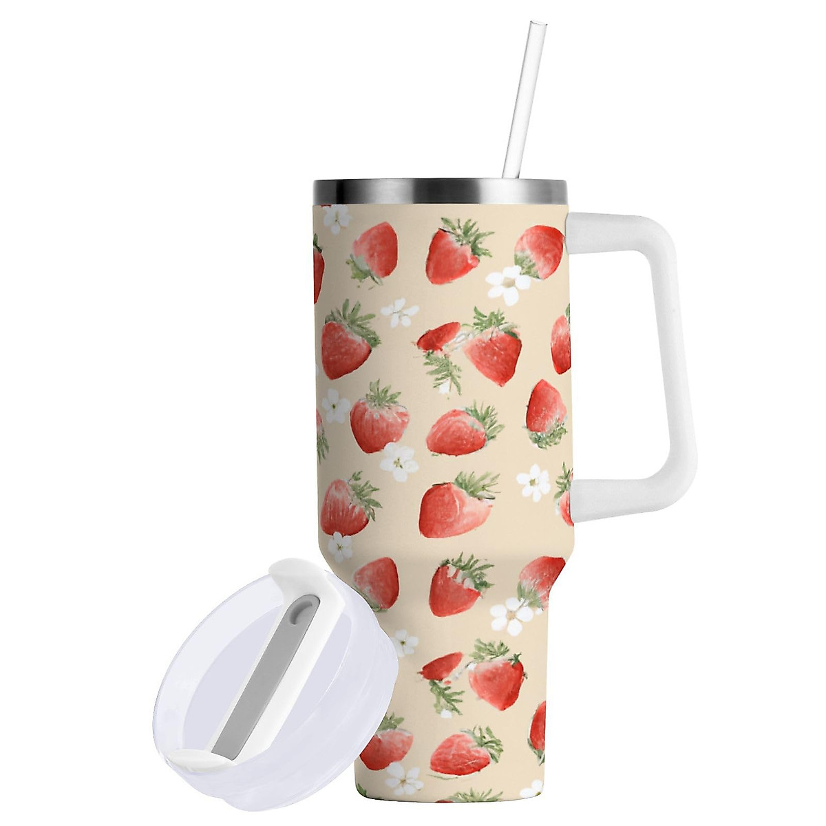 Jihqo Watercolor Strawberry White Floral 40 oz Stainless Steel Vacuum Insulated Tumbler with Handle and Straw Lid, Leakproof Water Bottle Double Wall Travel Mug Coffee Cup, Cupholder Friendly
