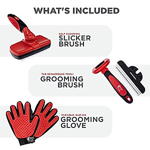 Complete Professional Pet Grooming Kit | Self Cleaning Slicker Brush for Dogs & Cats | Pro Grooming Brush Effectively Reduces Shedding Fur | Pet Hair Remover Brush Gloves | Combo Gift Set