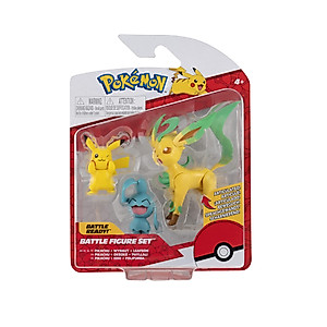 Pokemon PKW0178 3 Pack-Features 2 Pikachu, Wynaut & 3-Inch Leafeon Battle Figures-Authentic Details, Multi