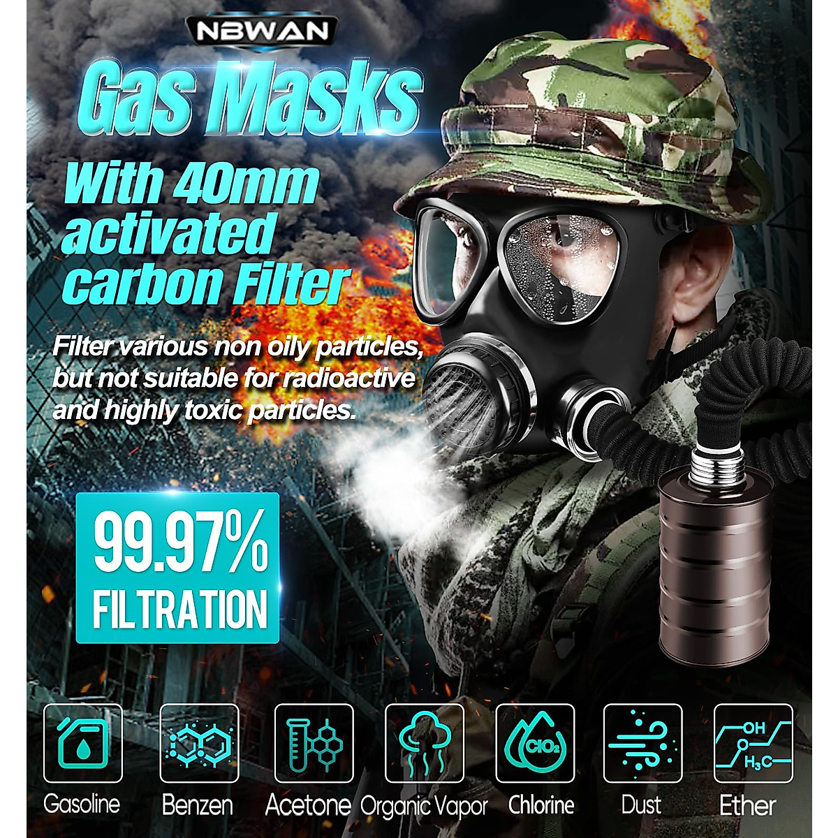 NBWAN Gas Respirator Mask with 40mm Activated Carbon Filter & Supply Air Hose, Gas Masks Survival Nuclear and Chemical Military Grade, Respirator Mask for Chemicals, Dust, Paint Spray, Organic Vapor