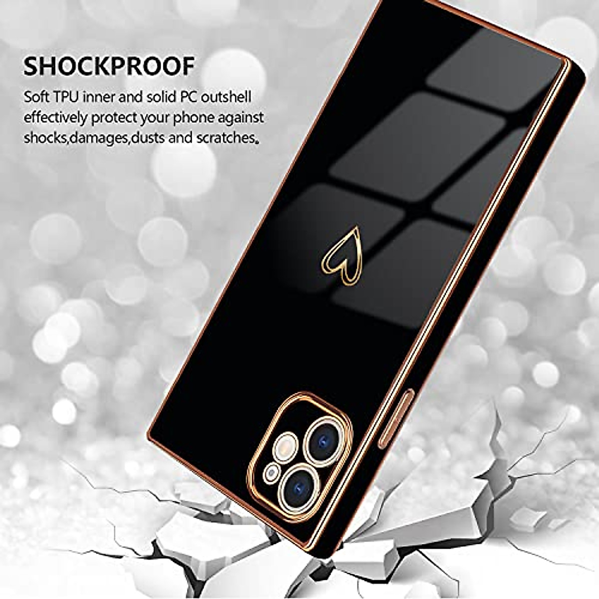 Pepmune Compatible with iPhone 11 Case, Women Cute Luxury Heart Design Shockproof Soft Bumper Girls Square Bling Silicone Camera Lens Protective Cover for Apple iPhone 11 Phone Cases Black 6.1 inch