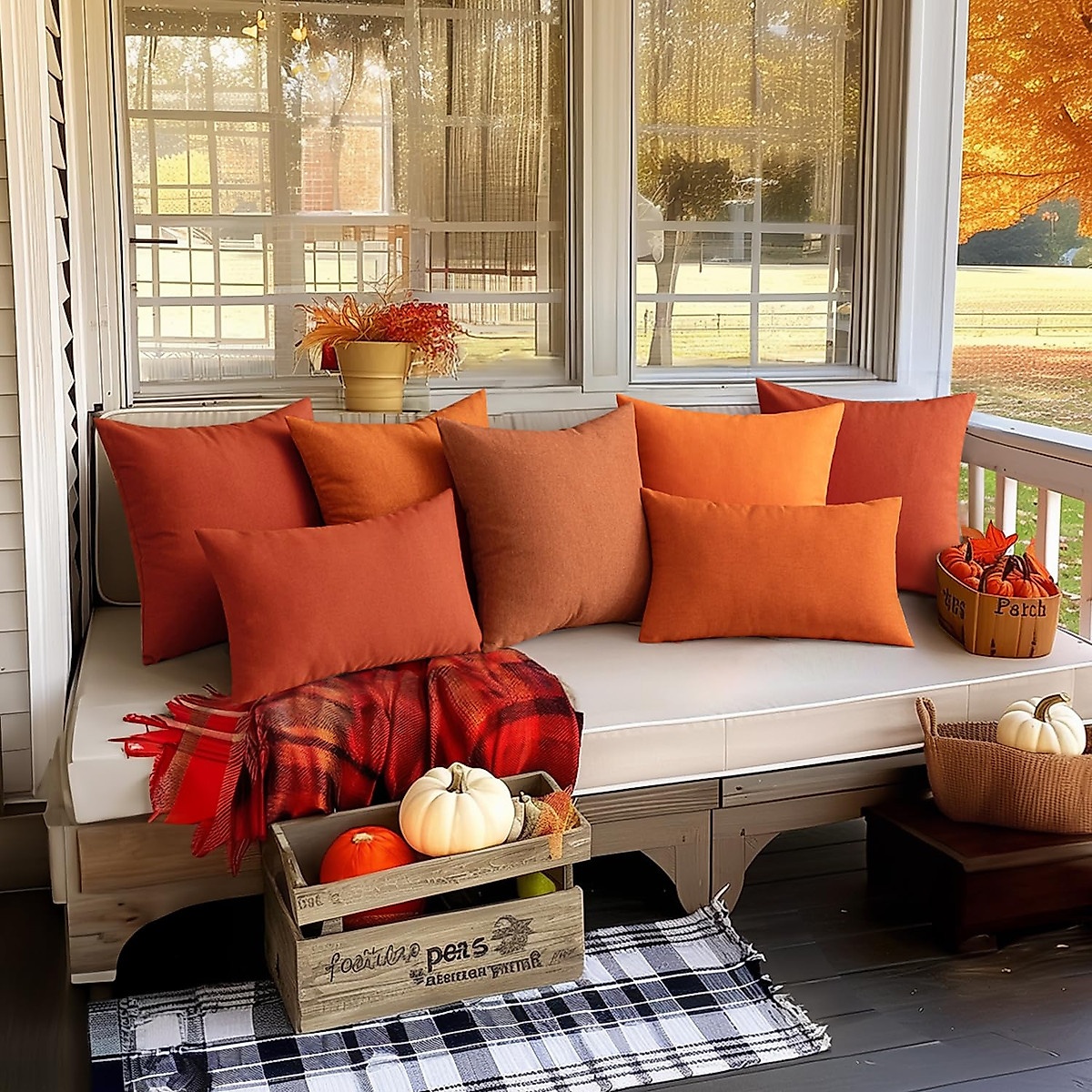 MIULEE Fall Pack of 2 Decorative Outdoor Solid Waterproof Throw Pillow Covers Polyester Linen Garden Farmhouse Cushion Cases for Patio Tent Balcony Couch Sofa 24x24 inch Burnt Orange