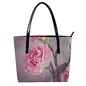 Leather Handbag for Women, Tote Bag Shoulder Hobo Bags for Dating Shopping Daily Purses Carnation Bossom Bloom Pink Flower