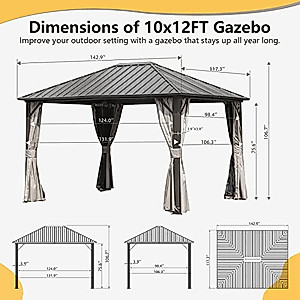 Domi Hardtop Gazebo 10' X 12', Permanent Outdoor Galvanized Steel Roof Gazebo with Aluminum Frame, Pavilion Metal Gazebos with Netting & Curtains for Garden, Patios, Lawns, Parties(Dark Brown)