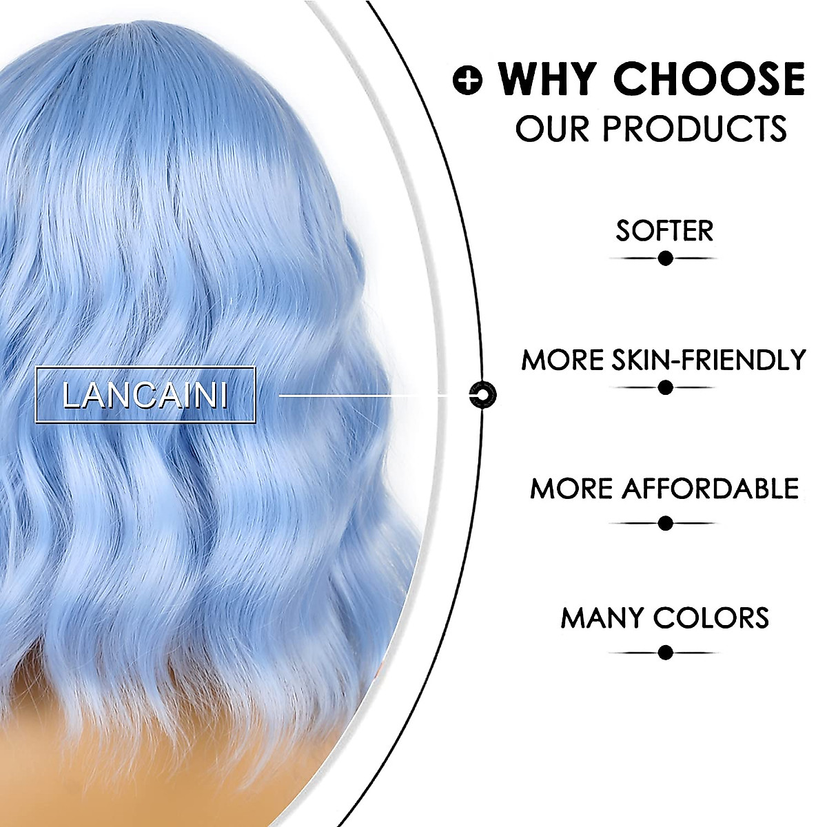 LANCAINI Short Bob Wigs with Bangs for Women Loose Wavy Wig Curly Wavy Shoulder Length Bob Synthetic Cosplay Wig for Girl Colorful Costume Wigs (Light Blue)