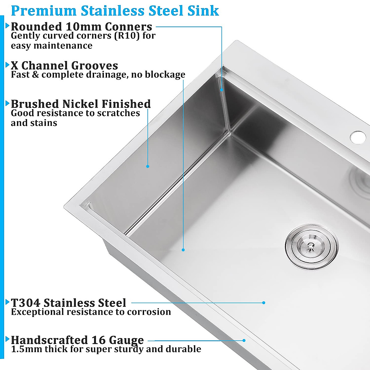 BoomHoze 33-inch Kitchen Sinks, 33x22 Drop In Kitchen Sink 304 Stainless Steel Sink Single Bowl Top Mount Workstation Kitchen Sink 16 Gauge Handmade Deep Kitchen Sink with Cutting Board