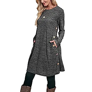 OFEEFAN Long Sleeve Dress Tunics for Women to Wear with Leggings Dark Grey L