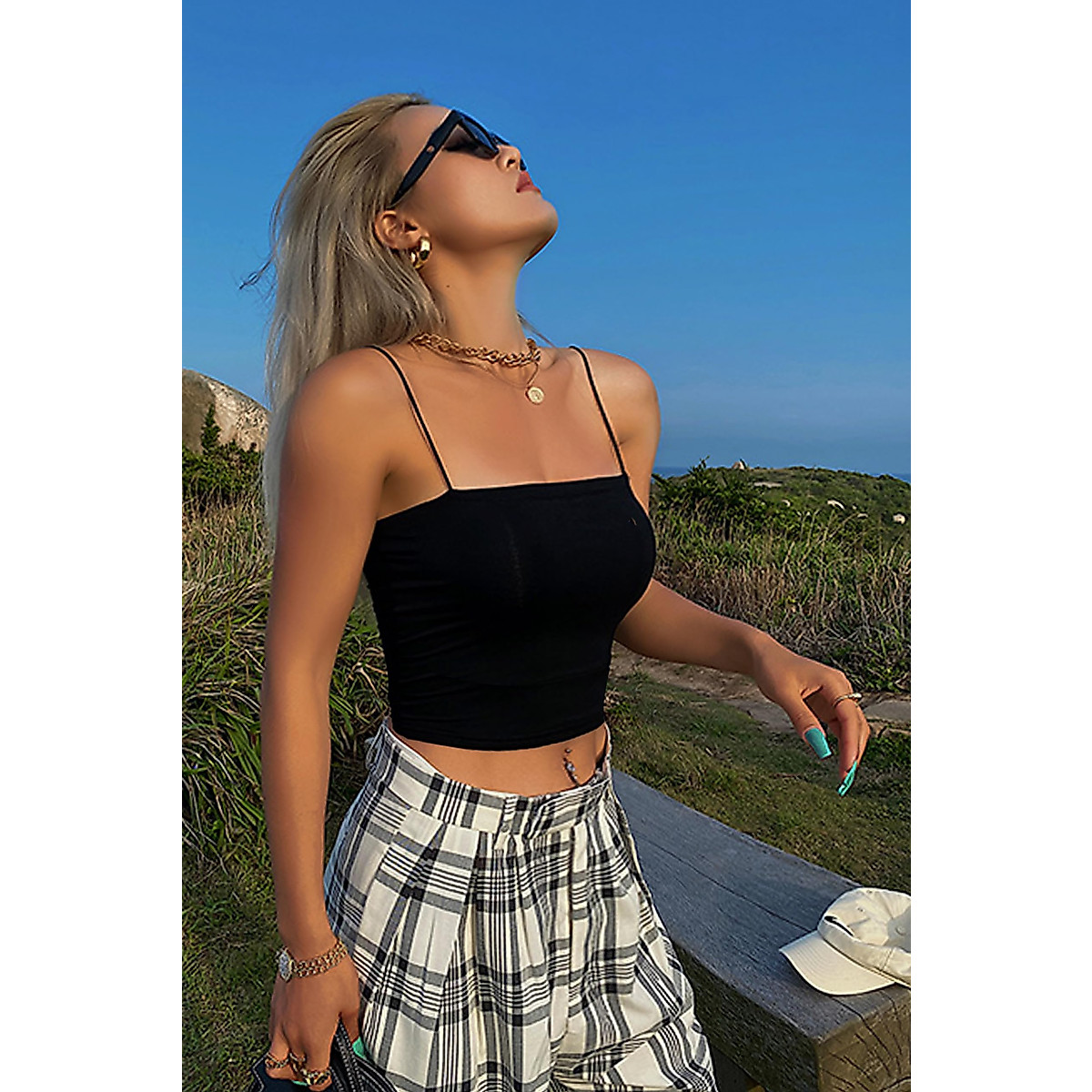 Ekouaer Women's 2pcs Crop Camisole Top Spaghetti Strap Tank Top Basic Cami Shirts Tube Tops