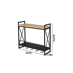 Fhesap Industrial Wine Rack Wall Mounted, Wall Wine Rack, Hanging Wine Rack, Wall Wine Racks for Wine Bottles, Wine Rack with Glass Holder, Metal Bar Rack, 2 Tier Wood Rack with 5 Goblet Holders